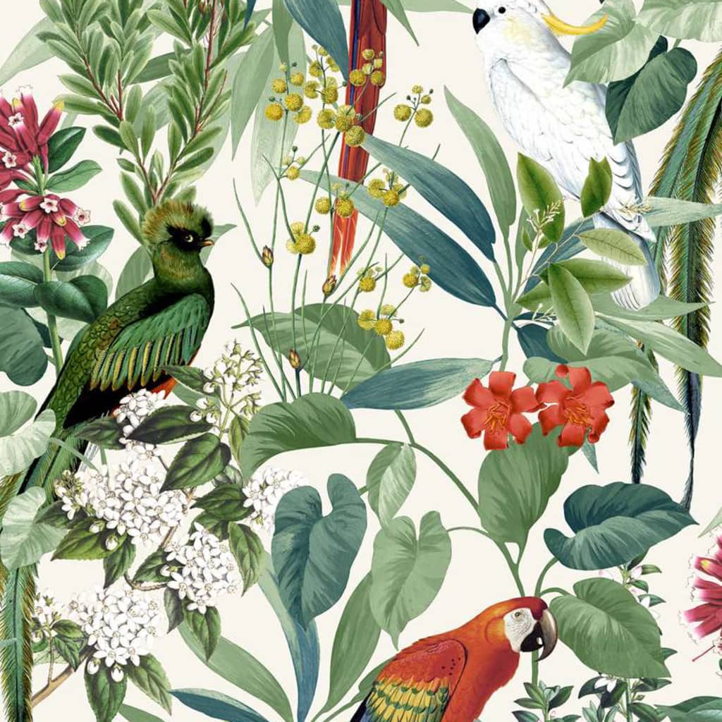DUTCH WALLCOVERINGS Tapetai, balti ir žali, su tropiniais paukščiais ...